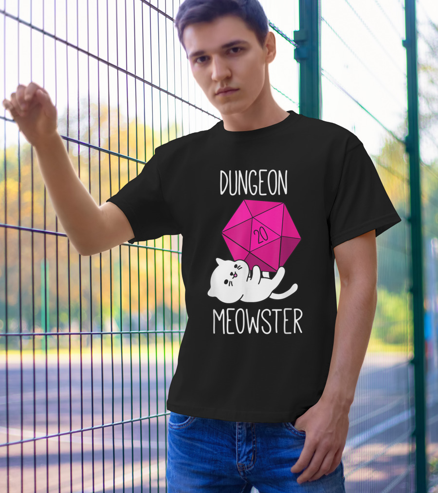 Dungeon Meowster Funny Nerdy Cat D20 Dice T-Shirt
