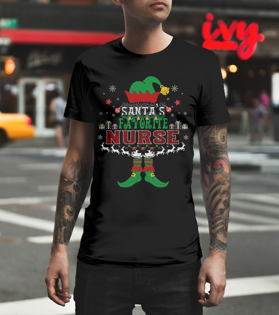 Santa's Favorite Nurse Elf Xmas Gifts Reindeer Bells Snowflakes T-Shirt