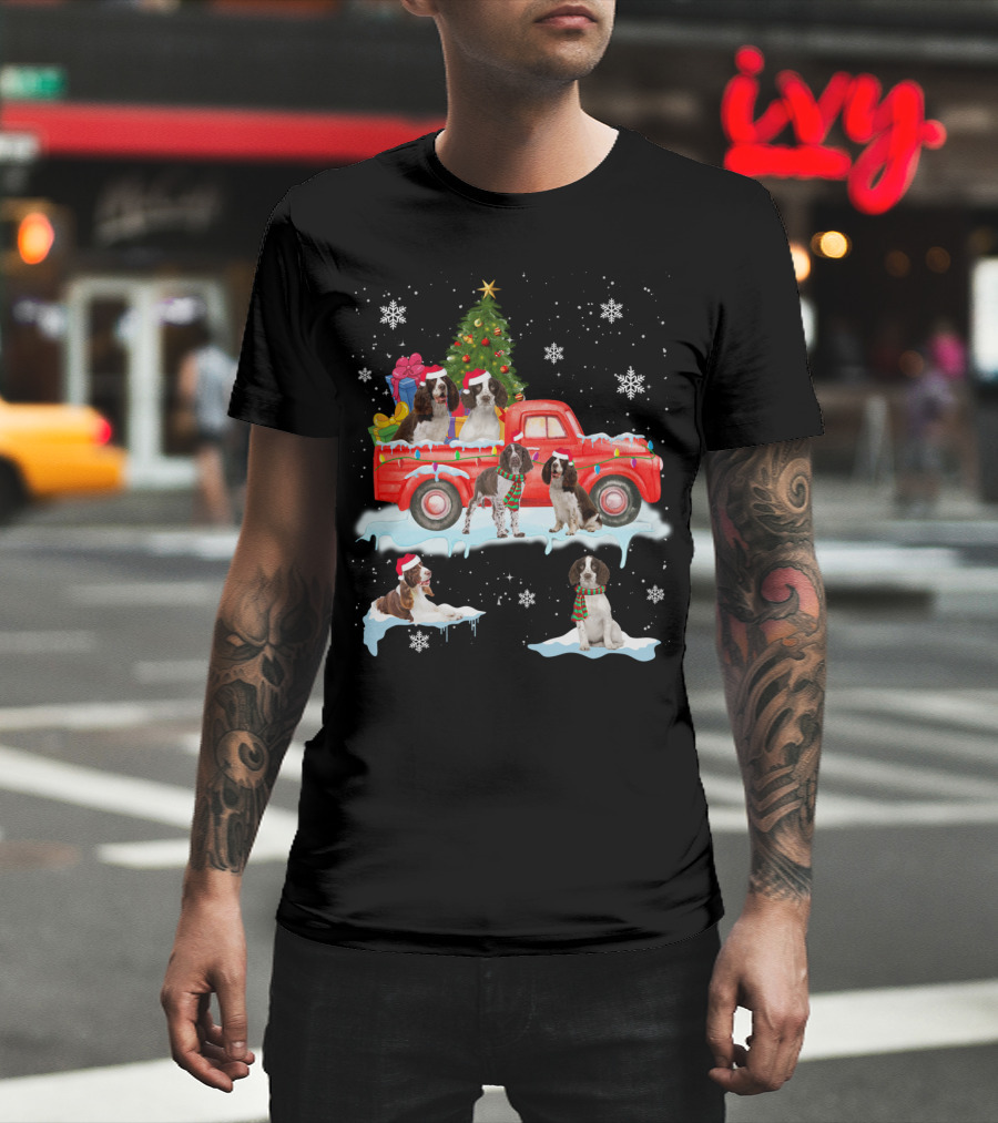 English Springer Spaniel Christmas Scene With Santa Hats On Red Truck And Snowflakes T-Shirt