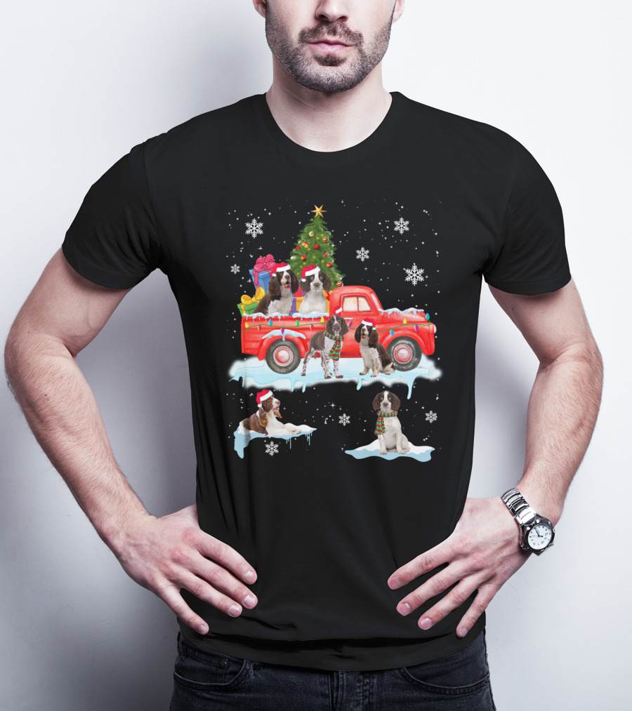 English Springer Spaniel Christmas Scene With Santa Hats On Red Truck And Snowflakes T-Shirt