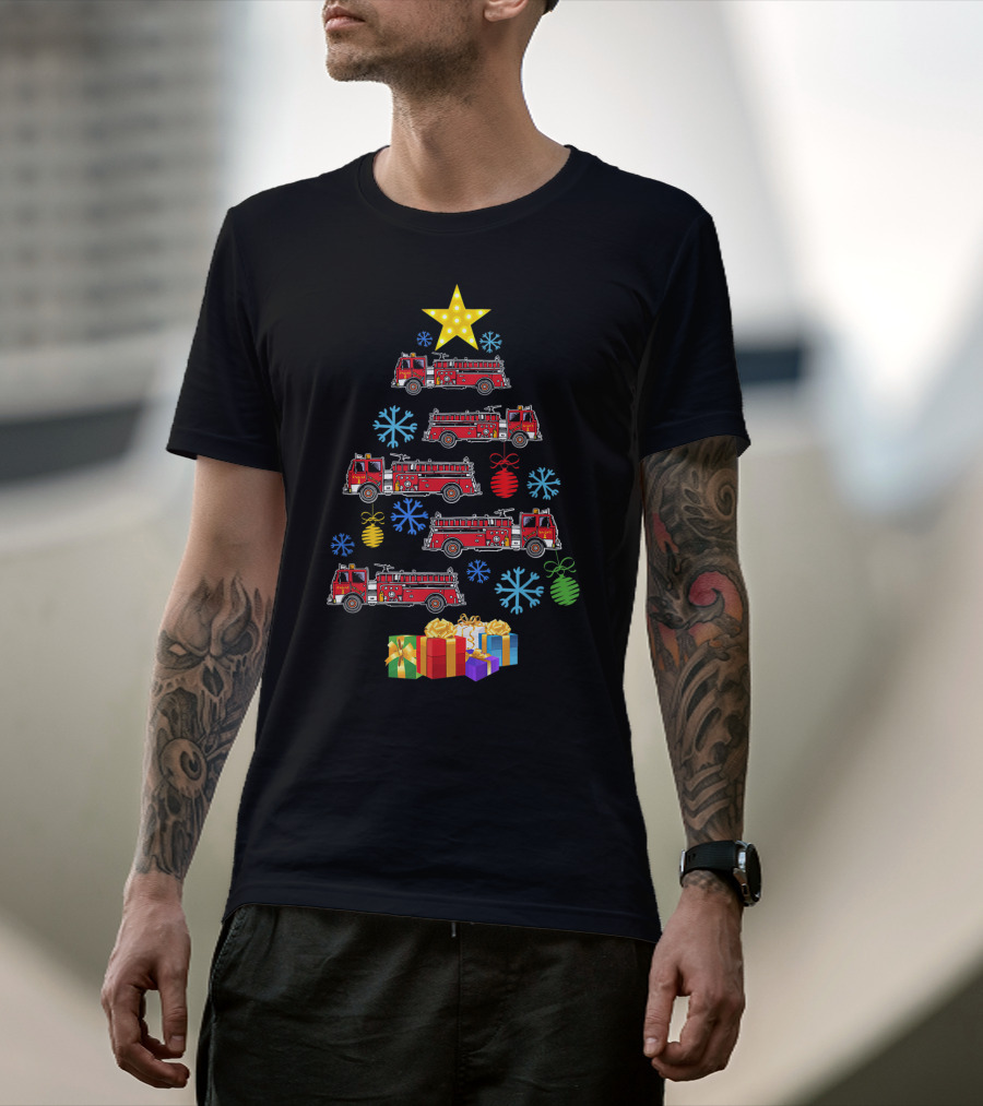 Firetruck Christmas Tree Xmas Firefighter Gifts Snowflakes Star T-Shirt