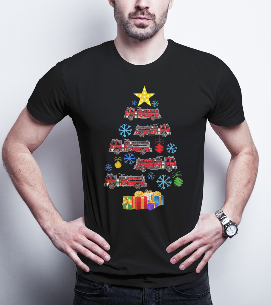 Firetruck Christmas Tree Xmas Firefighter Gifts Snowflakes Star T-Shirt