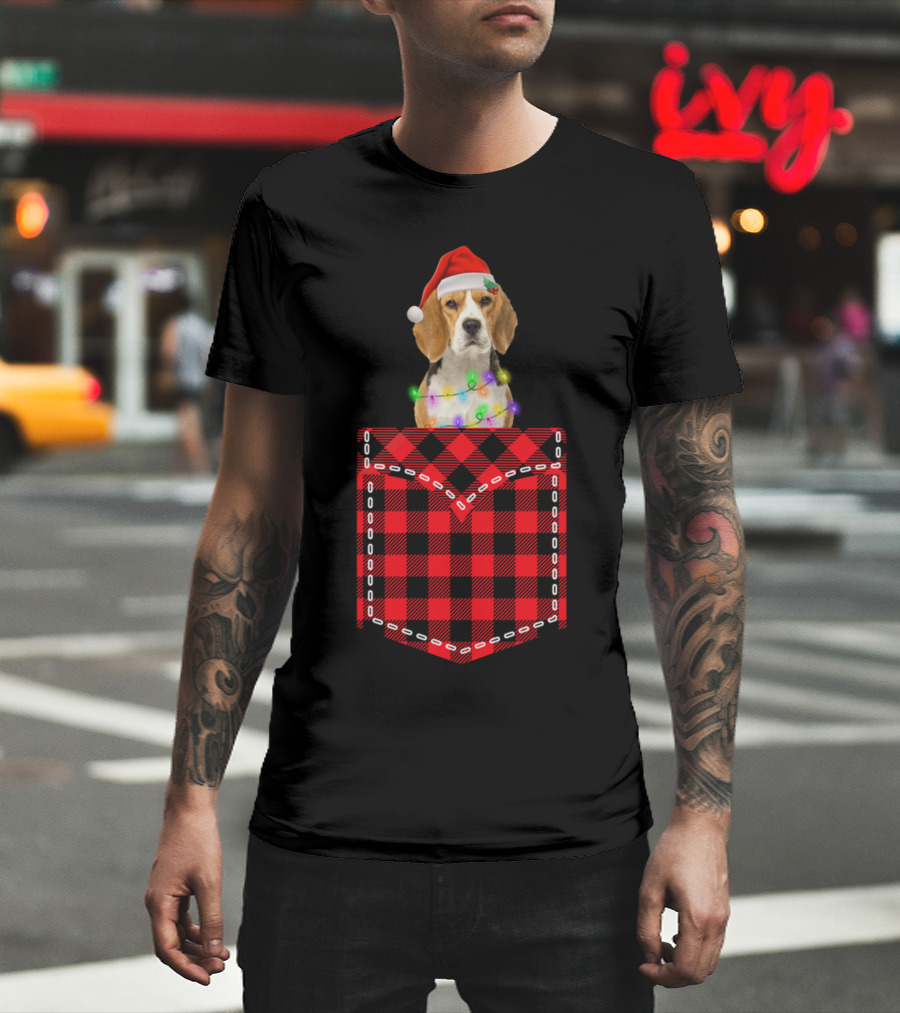 Funny Beagle Santa Hat Buffalo Plaid Xmas Lights In Pocket T-Shirt