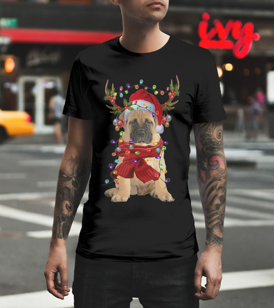 Festive Bull Mastiff Reindeer Lights Christmas Dog T-Shirt