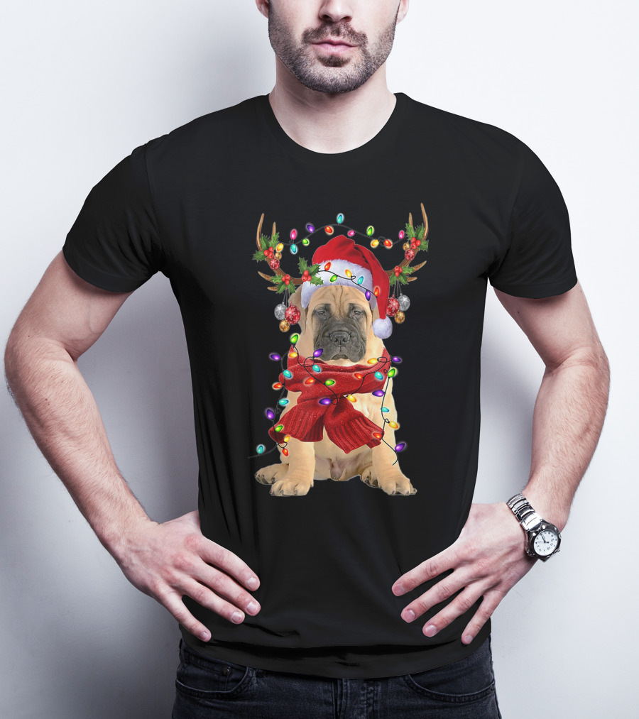 Festive Bull Mastiff Reindeer Lights Christmas Dog T-Shirt