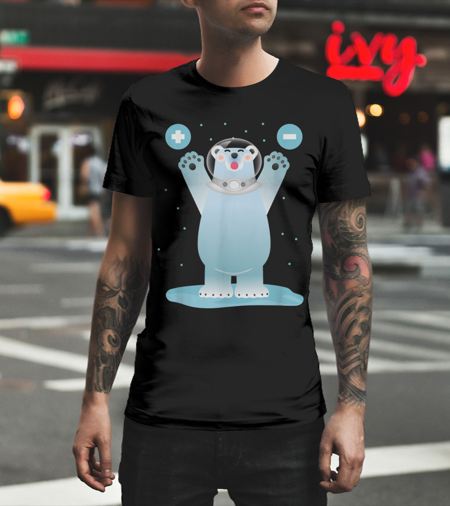 Funny Polar Bear In Space Helmet With Plus And Minus Chemistry Symbols T-Shirt