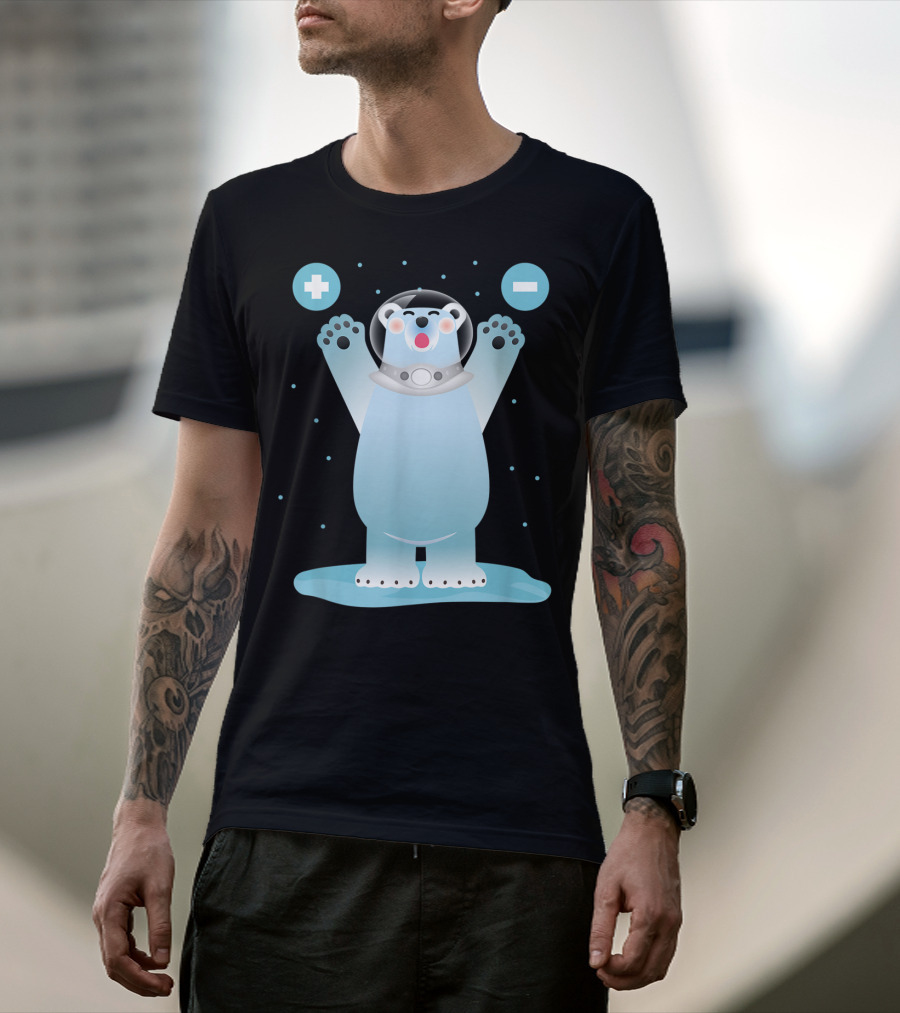 Funny Polar Bear In Space Helmet With Plus And Minus Chemistry Symbols T-Shirt