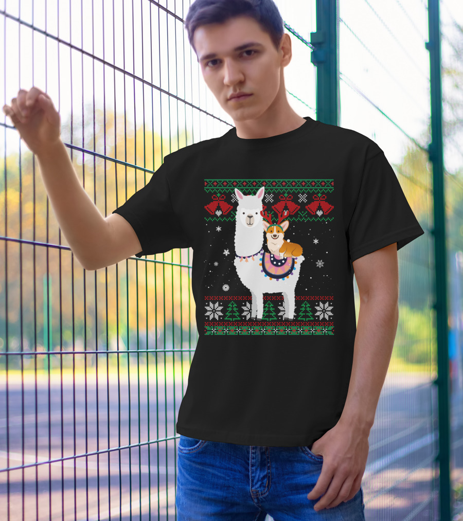 Christmas Corgi Riding Llama With Snowflakes And Reindeer Antlers T-Shirt