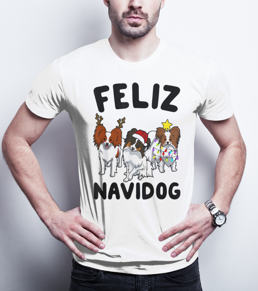 Feliz Navidog Funny Papillon Reindeer Santa Hat Christmas Lights T-Shirt