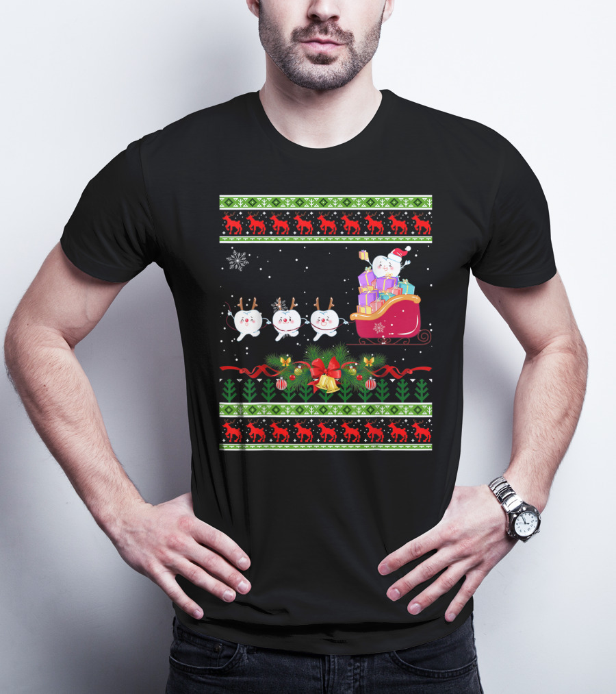 Funny Christmas Tree Dental Snowmen In Santa's Sleigh T-Shirt