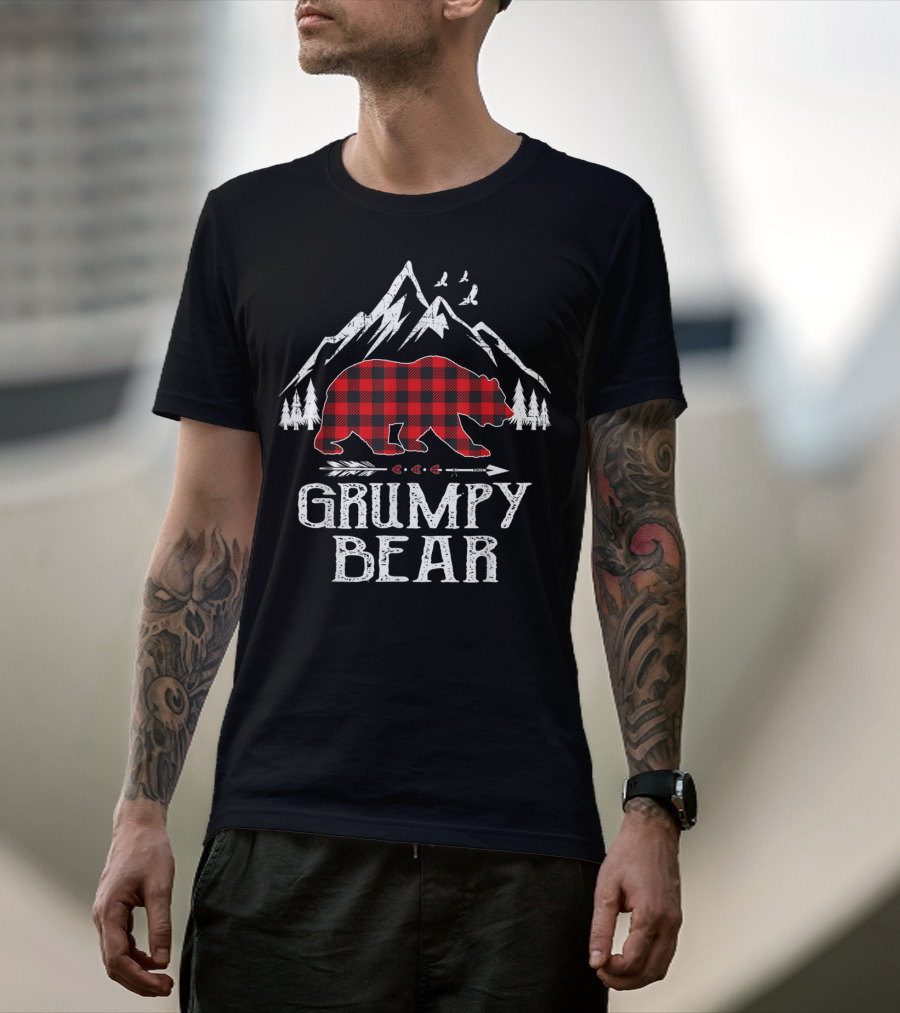 Grumpy Bear Red Plaid Buffalo Mountain Christmas Forest T-Shirt