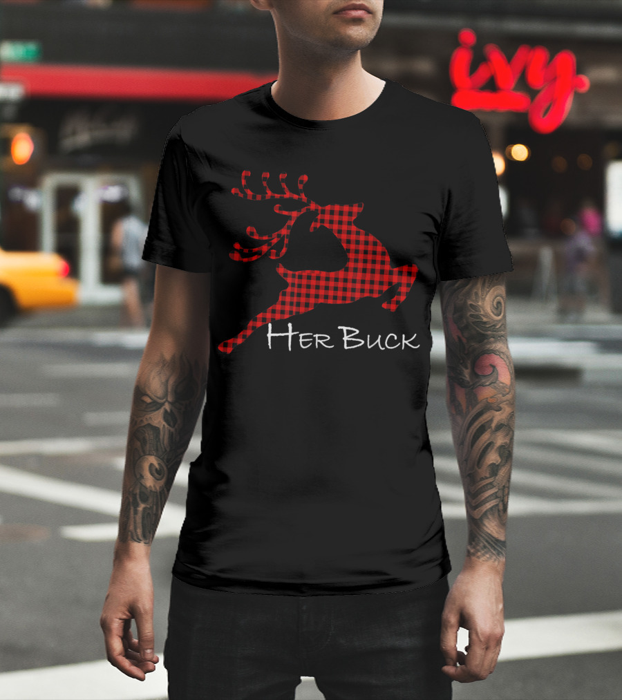 Her Buck Red Plaid Reindeer Couples Matching T-Shirt