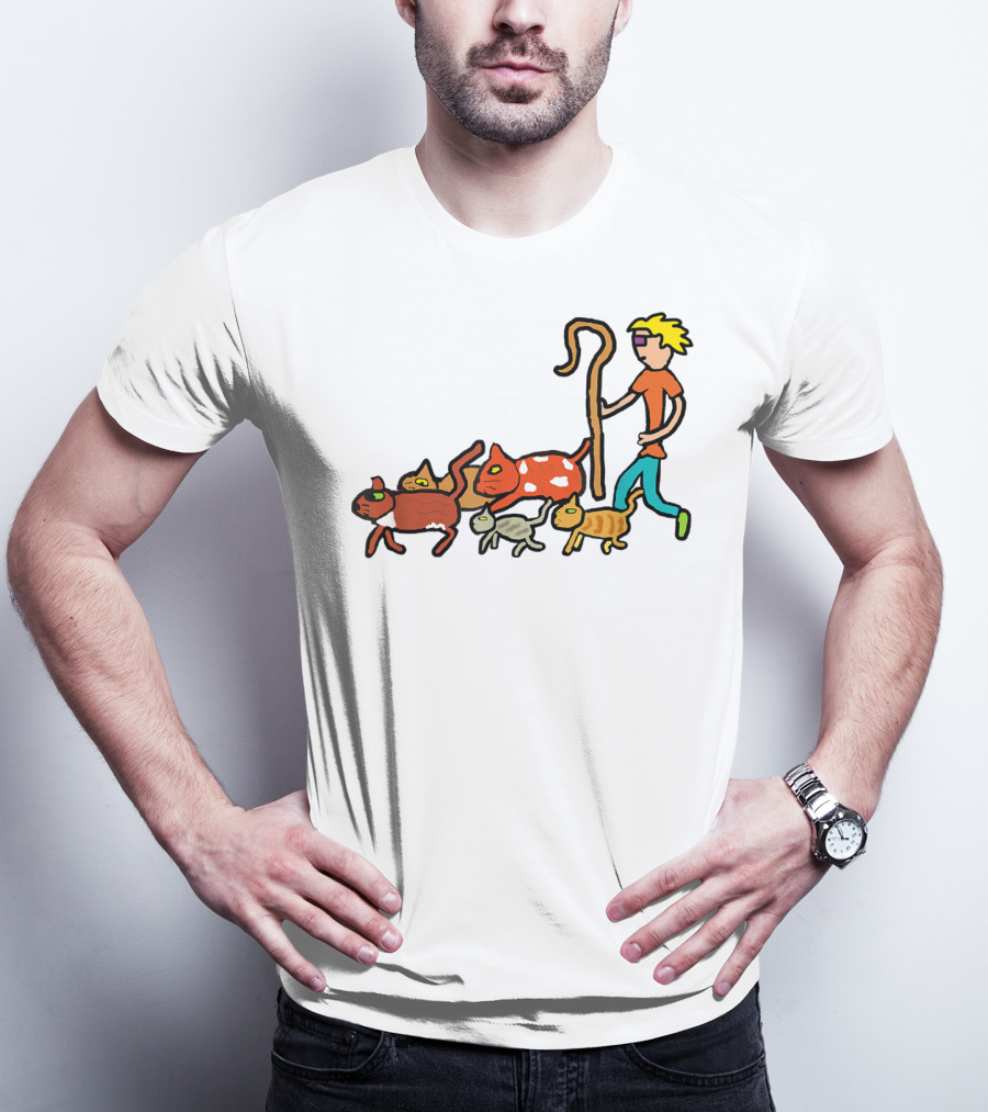 Herding Cats Cartoon Shepherd With Colorful Cats Scene T-Shirt