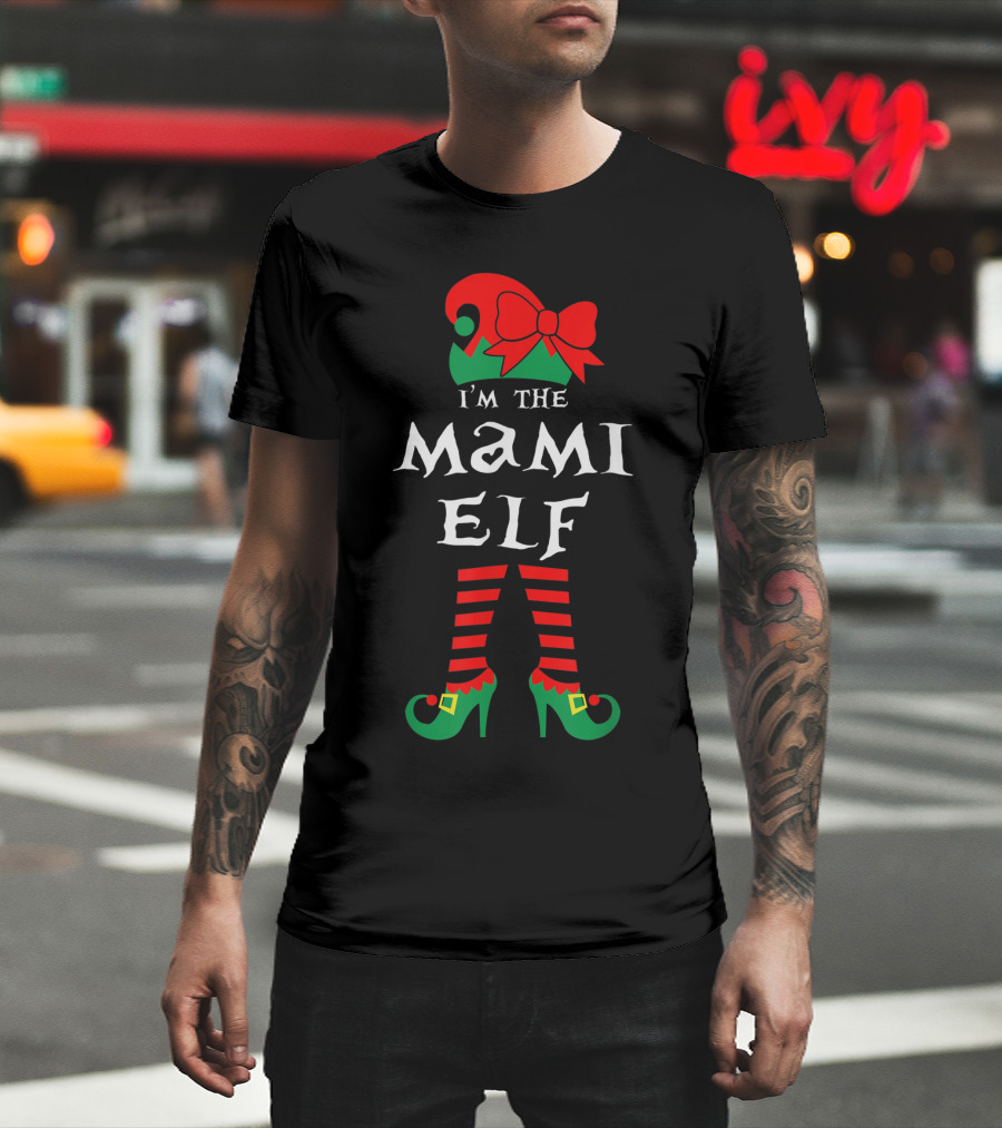 I'm The Mami Elf Striped Leg Red Bow Hat T-Shirt