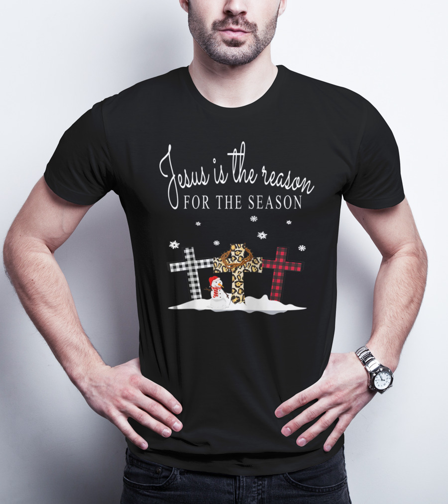 Jesus Is The Reason For The Season Crosses Plaid Leopard Snowman Snowflakes T-Shirt