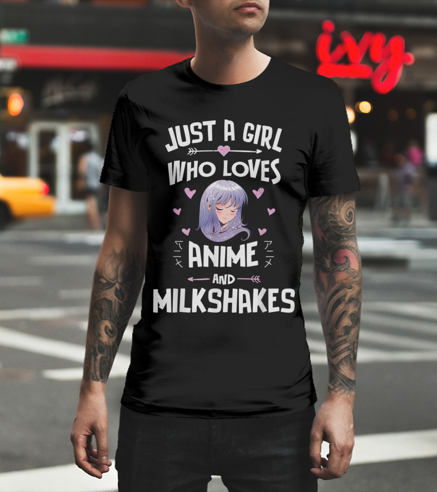 Just A Girl Who Loves Anime And Milkshakes With Purple Hair And Hearts T-Shirt