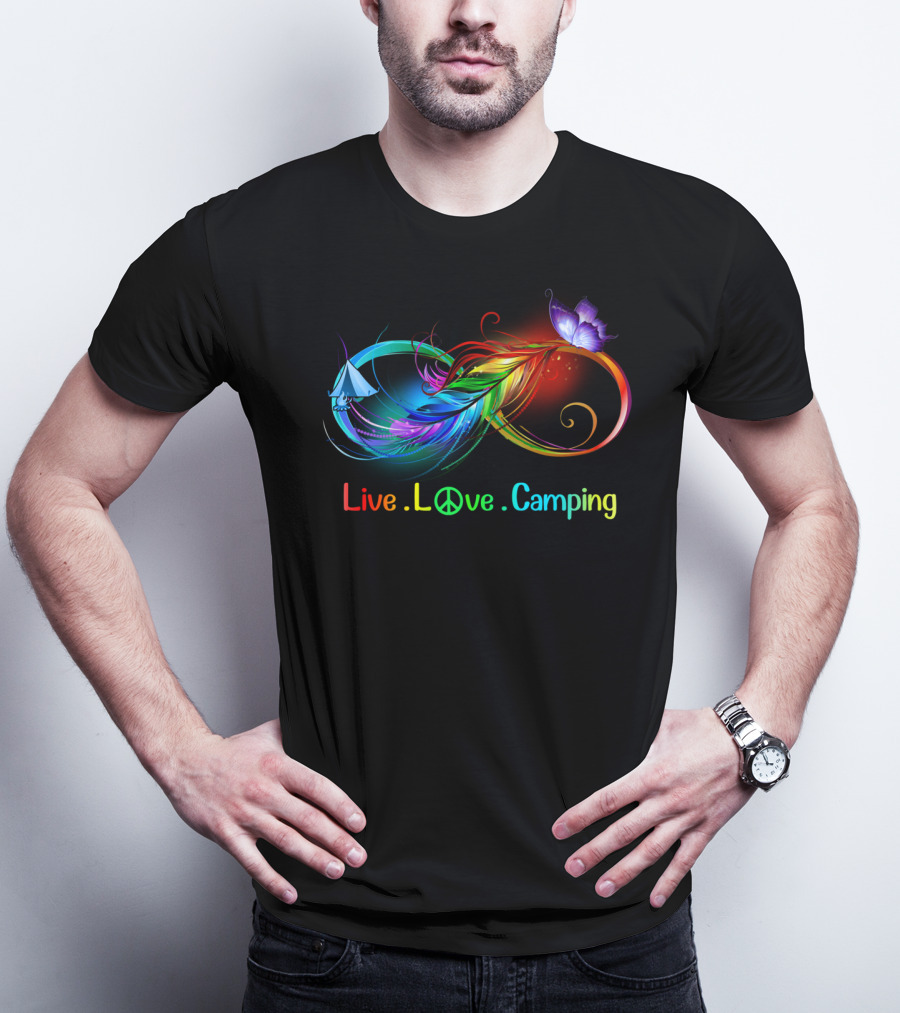 Live Love Camping Hippie Peace Infinity Rainbow Feather Tent Butterfly T-Shirt
