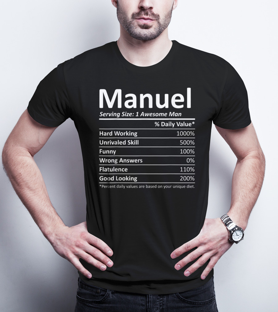Manuel Nutrition Facts Serving Size 1 Awesome Man Hard Working Unrivaled Skill Funny Good Looking Flatulence T-Shirt