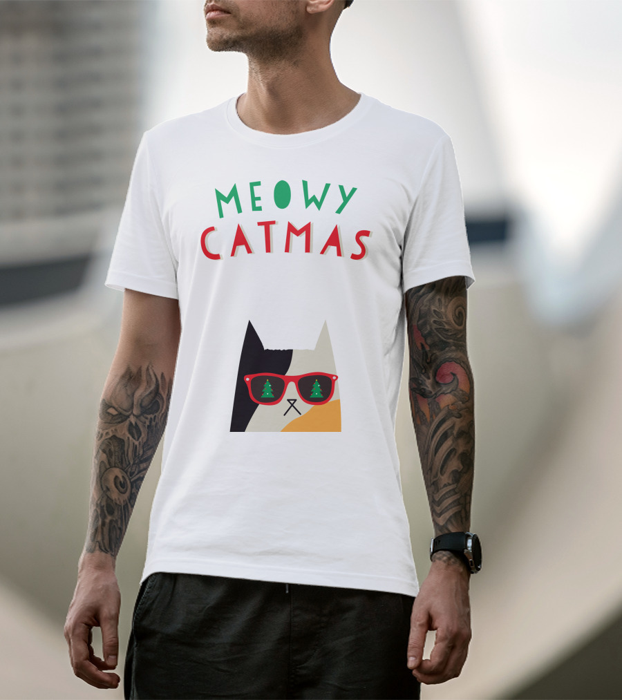 Meowy Catmas Christmas Calico Cat With Sunglasses And Trees T-Shirt