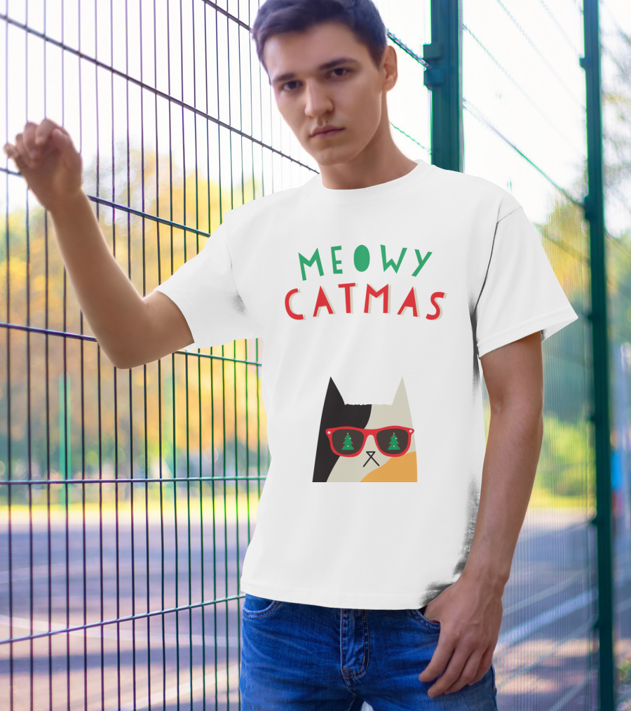 Meowy Catmas Christmas Calico Cat With Sunglasses And Trees T-Shirt