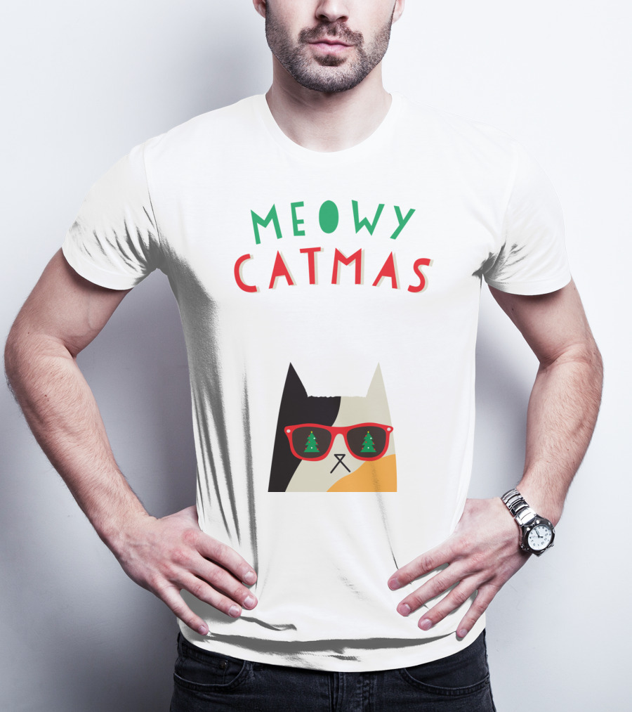 Meowy Catmas Christmas Calico Cat With Sunglasses And Trees T-Shirt