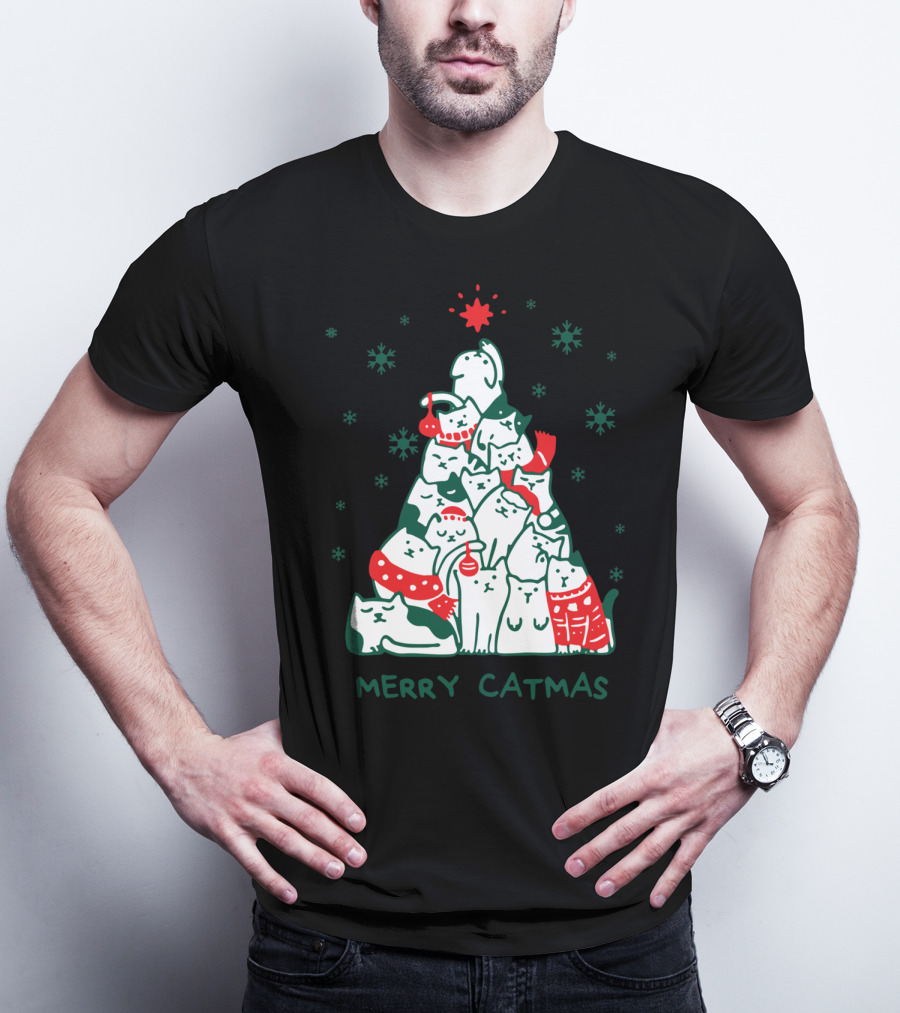 Merry Catmas Funny Cat Christmas Tree Holiday Cats Snowflakes Red Green T-Shirt