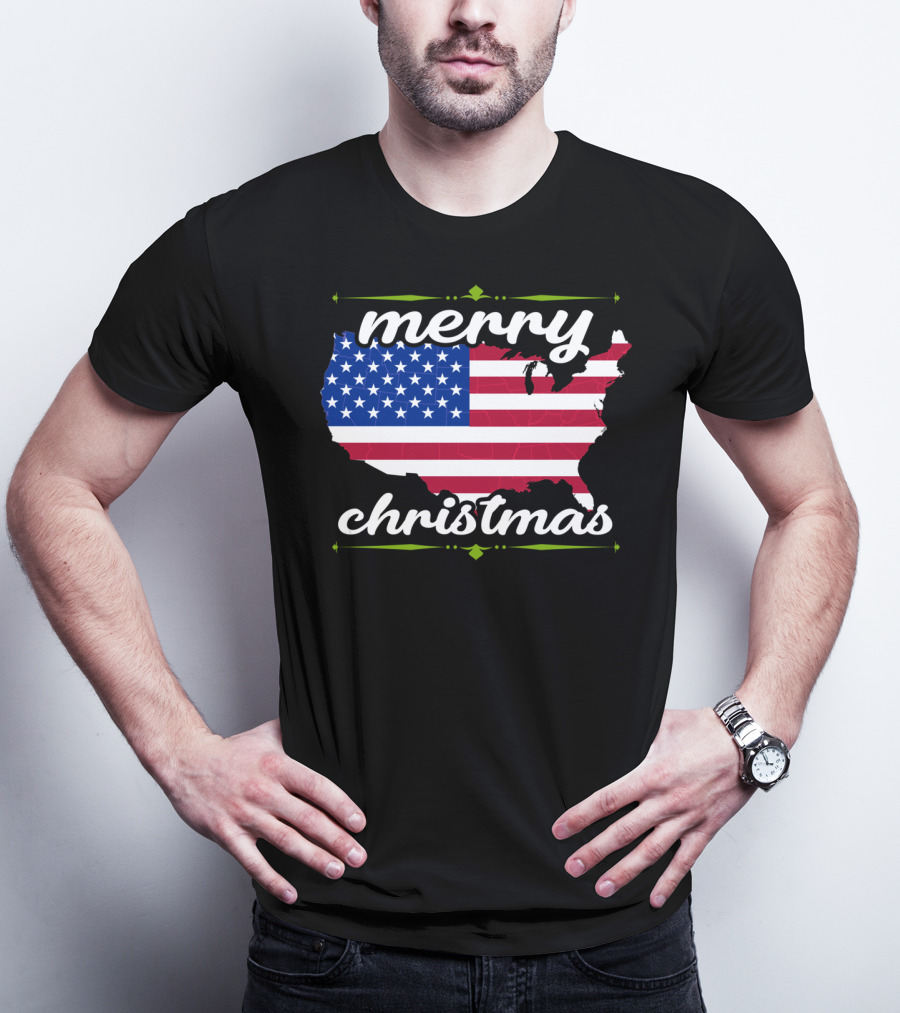 Merry Christmas USA Flag Map T-Shirt