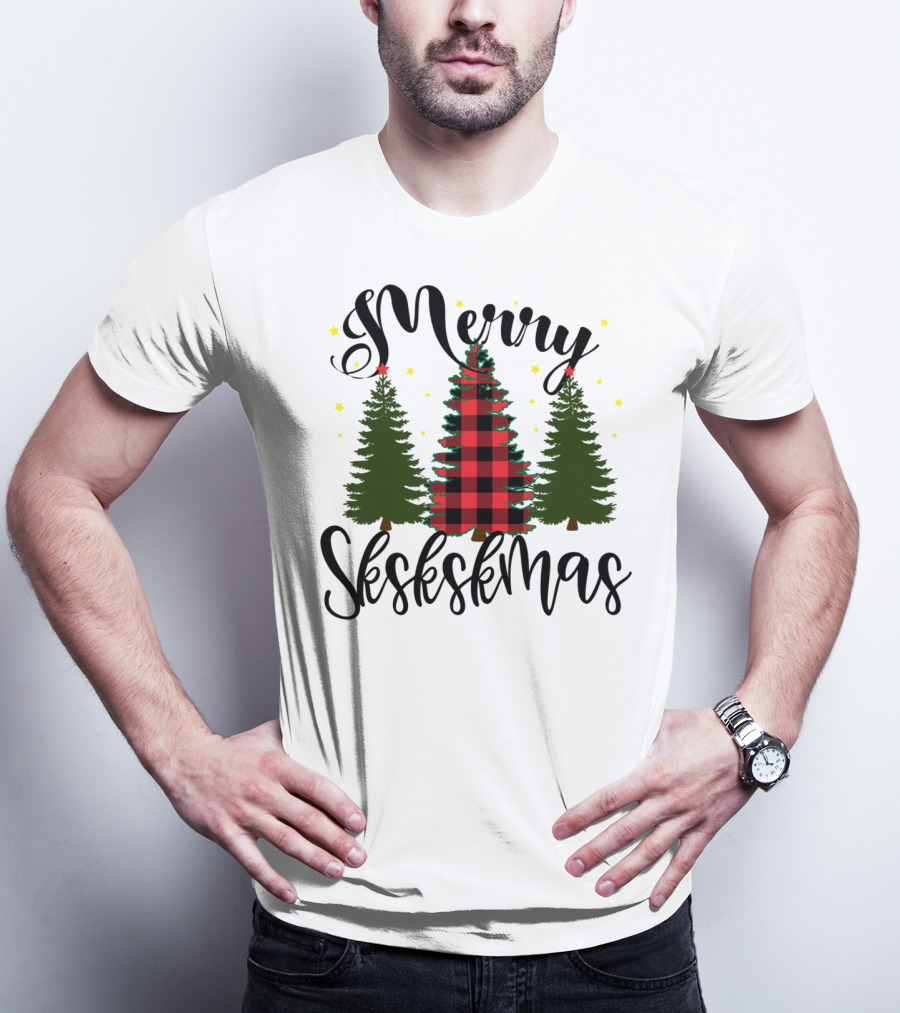 Merry Skskskmas Plaid Trees Scrunchie Visco Holiday T-Shirt