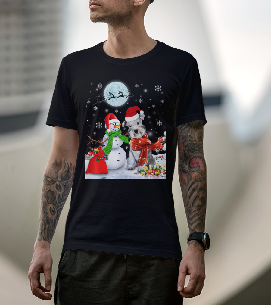 Miniature Schnauzer Santa Snowman Christmas Moon Snowflakes T-Shirt