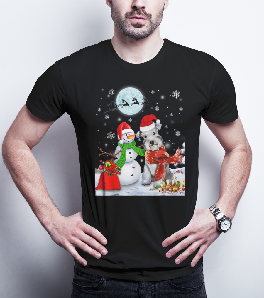 Miniature Schnauzer Santa Snowman Christmas Moon Snowflakes T-Shirt