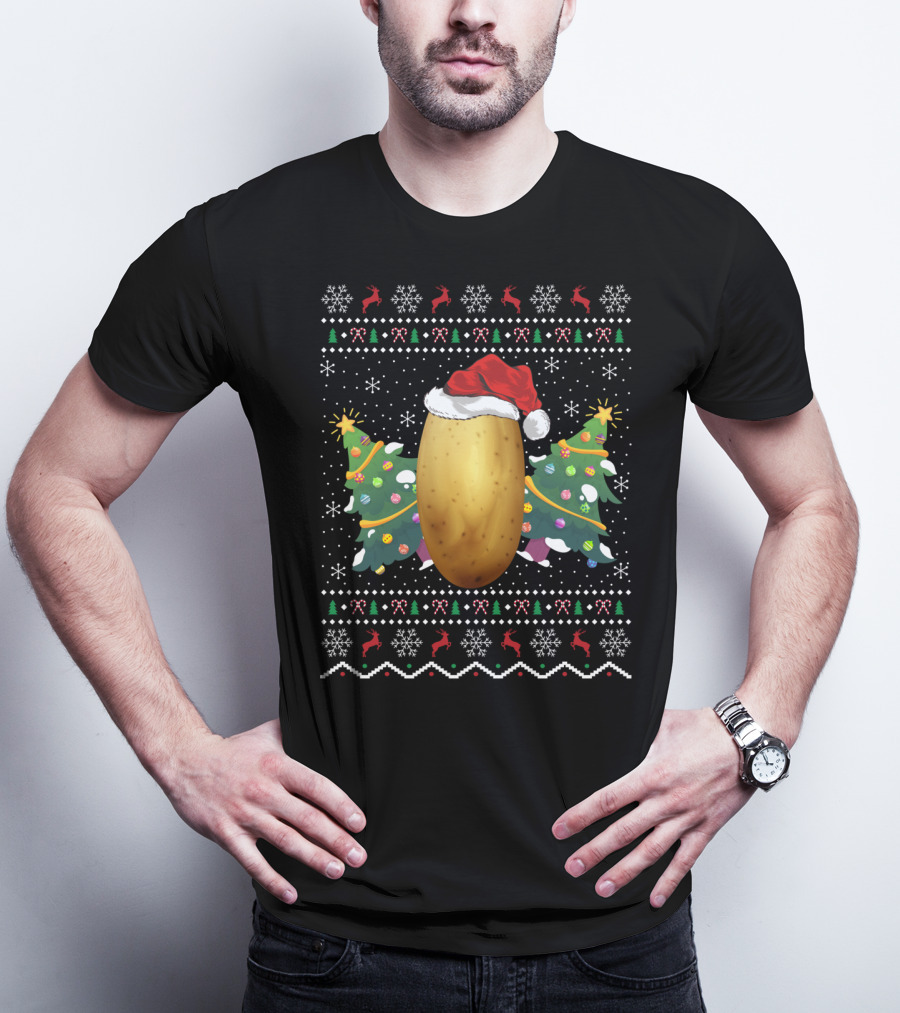 Potato Lover Christmas Ugly Sweater Santa Hat Reindeer Snowflakes Christmas Tree T-Shirt