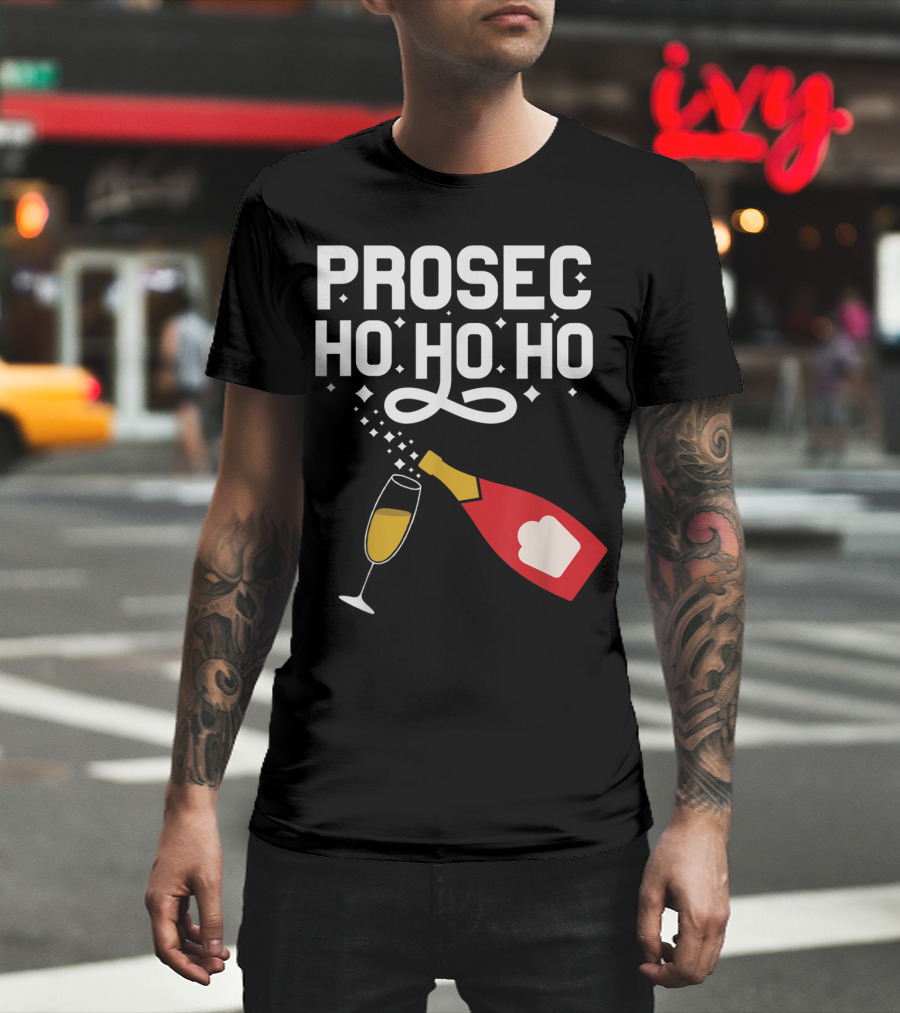 Prosecco Ho Ho Ho Funny Christmas Wine Bottle And Glass T-Shirt