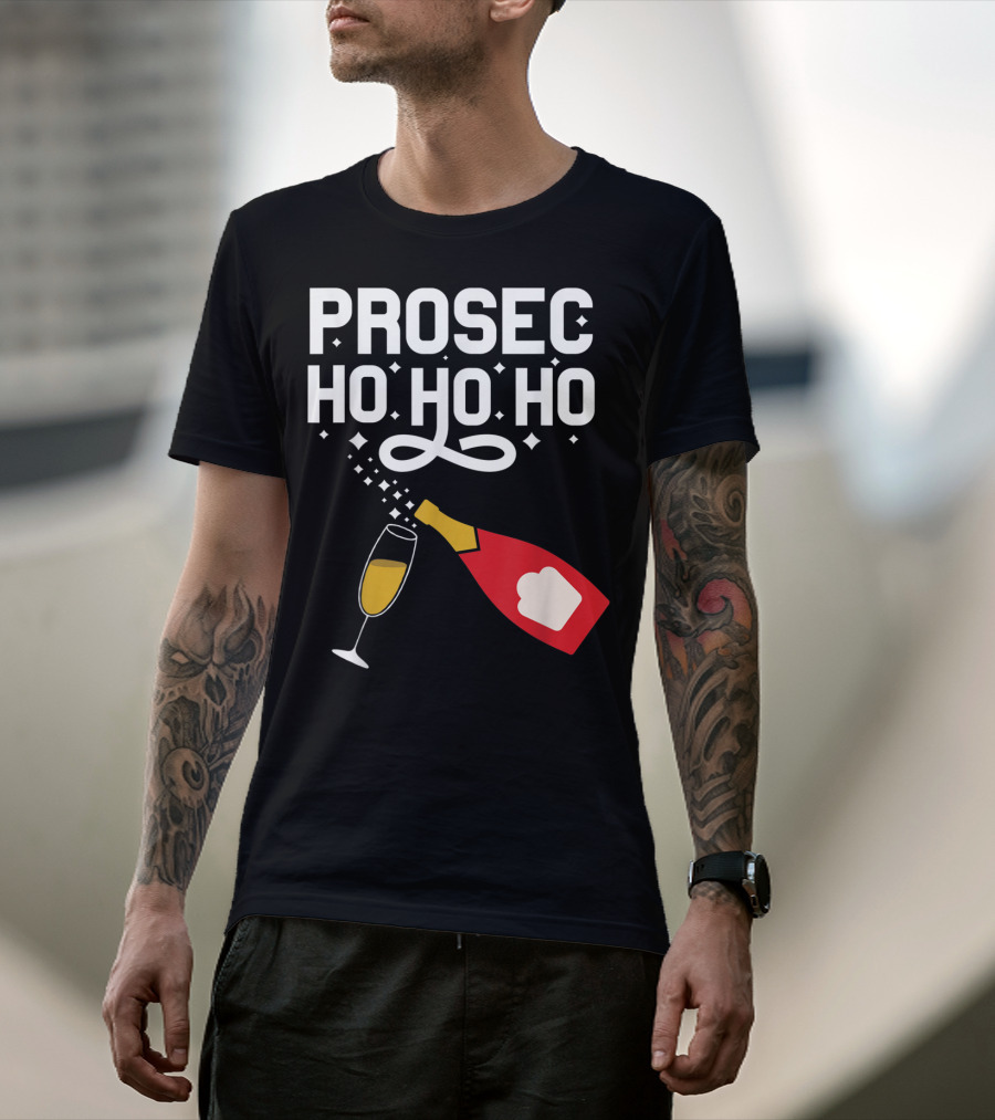 Prosecco Ho Ho Ho Funny Christmas Wine Bottle And Glass T-Shirt