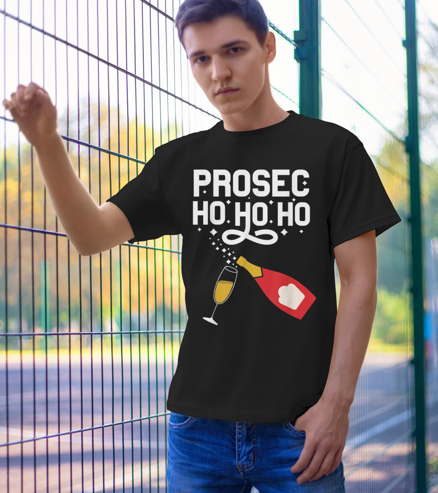 Prosecco Ho Ho Ho Funny Christmas Wine Bottle And Glass T-Shirt