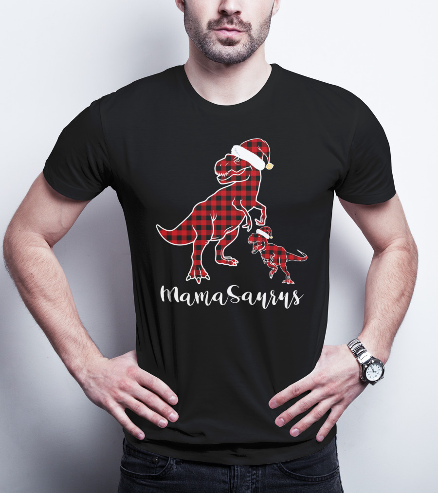 Mamasaurus Red Plaid Santa Hat Buffalo Family T-Shirt