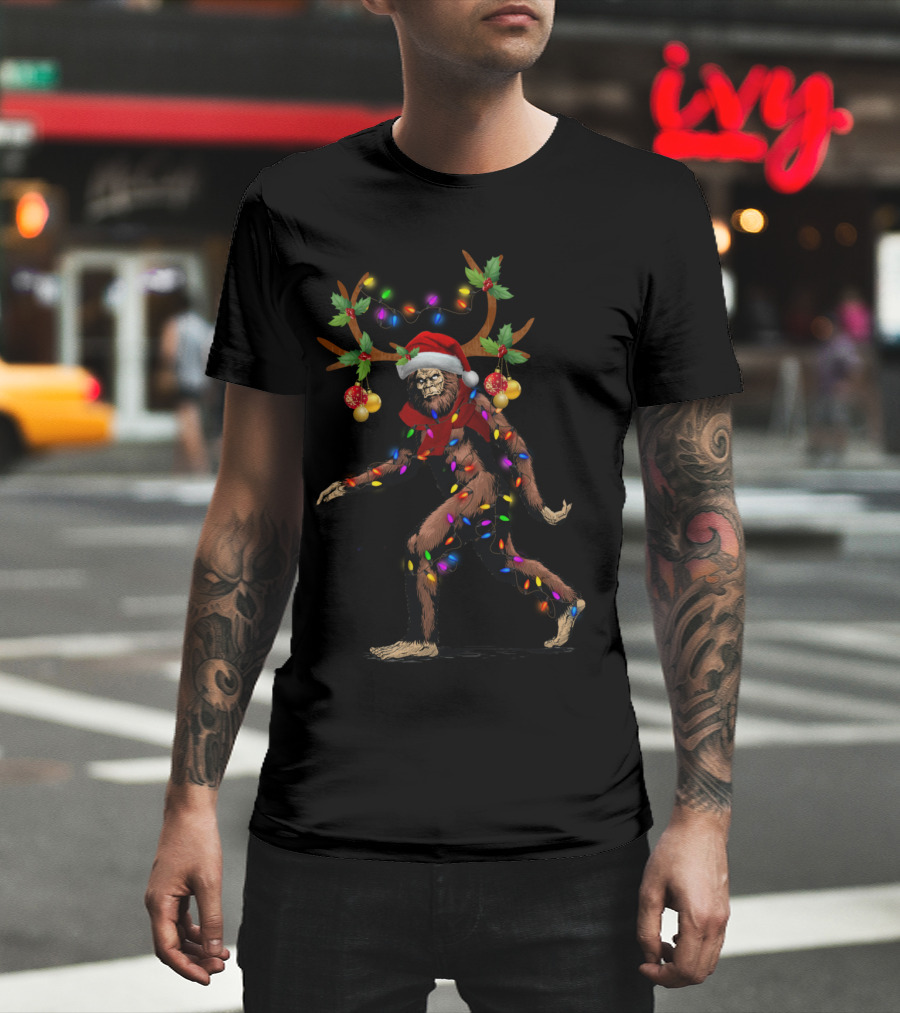 Santa Bigfoot Sasquatch Reindeer Festive Lights T-Shirt