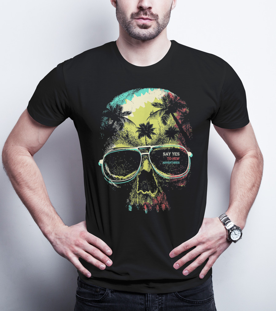 Say Yes To New Adventures Skull With Sunglasses And Palm Trees T-Shirt