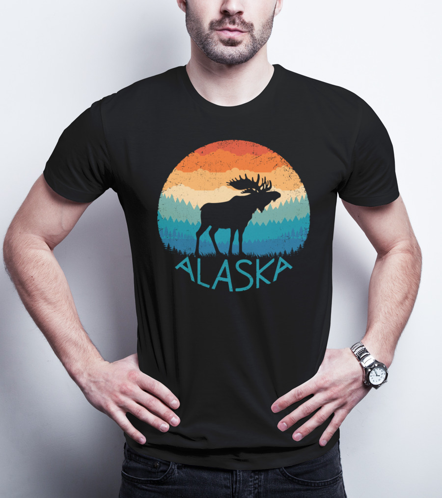 Alaska Retro Moose Vintage Mountain State Sunset Scene T-Shirt