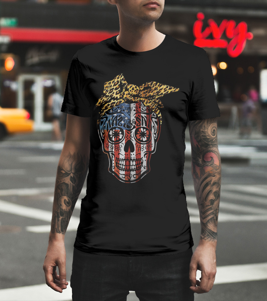 American Sugar Skull With Patriotic Stripes And Leopard Print Bow Fourth Of July T-Shirt