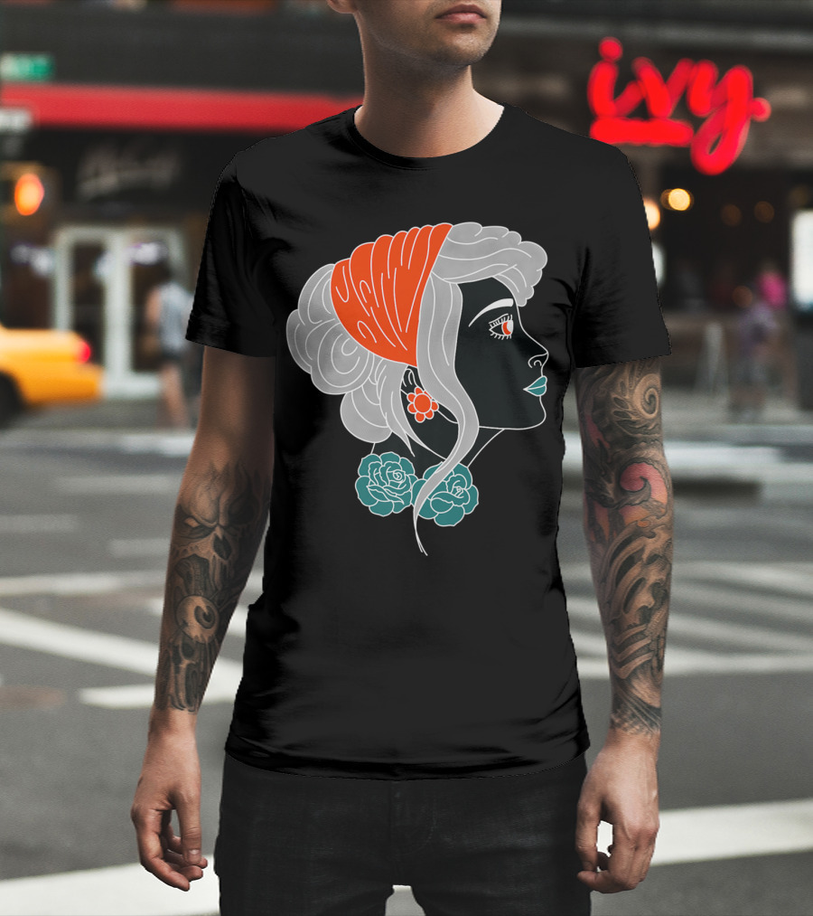 American Traditional Tattoo Gypsy Woman With Orange Headscarf And Roses T-Shirt