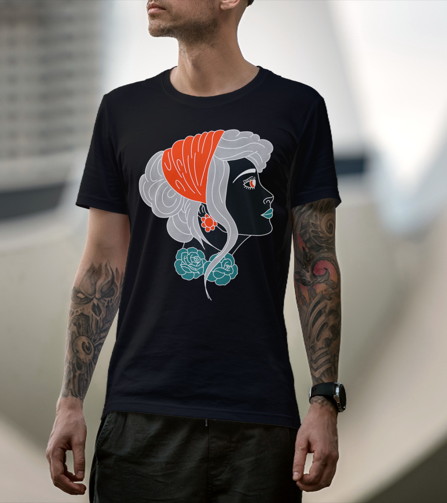 American Traditional Tattoo Gypsy Woman With Orange Headscarf And Roses T-Shirt
