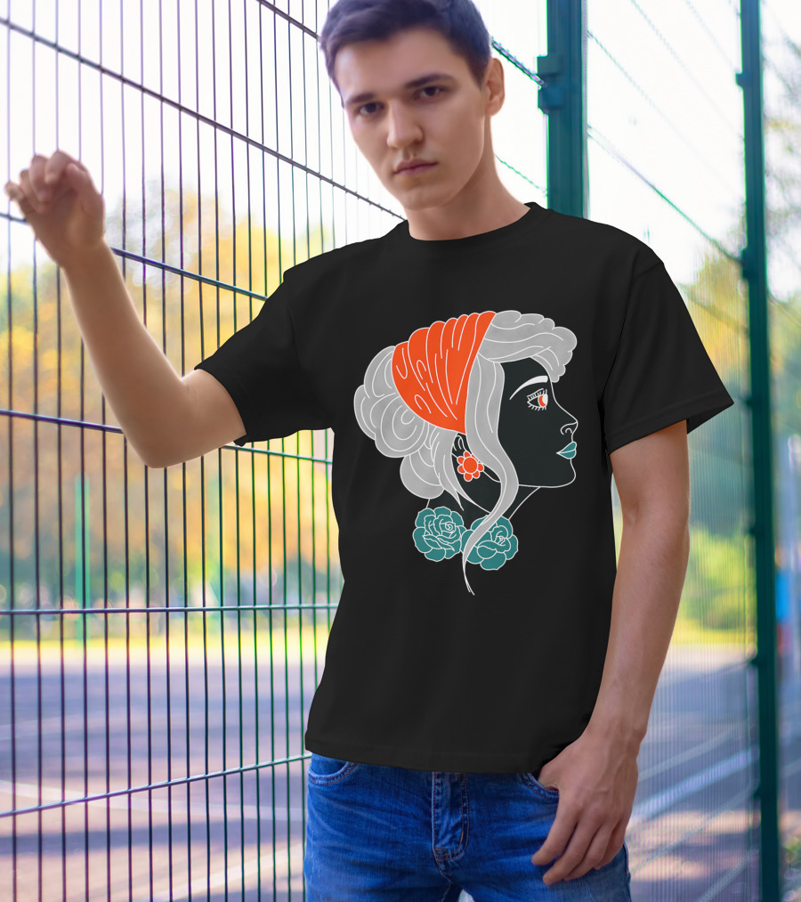 American Traditional Tattoo Gypsy Woman With Orange Headscarf And Roses T-Shirt