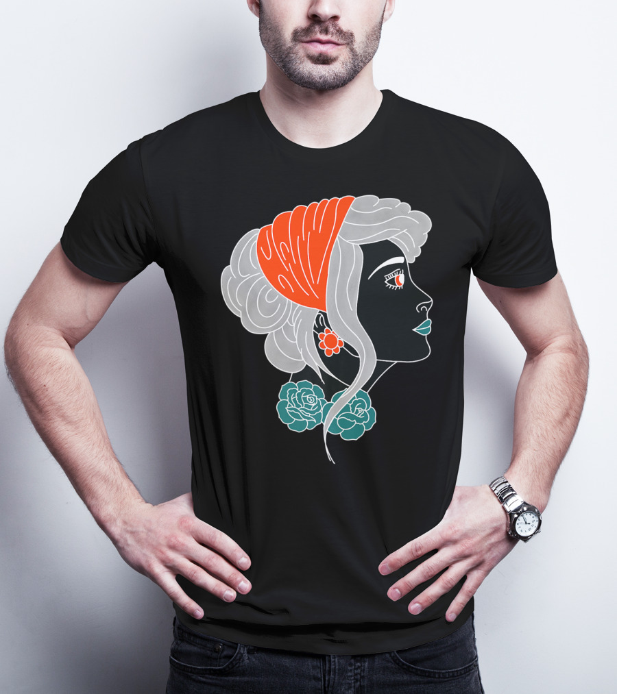American Traditional Tattoo Gypsy Woman With Orange Headscarf And Roses T-Shirt