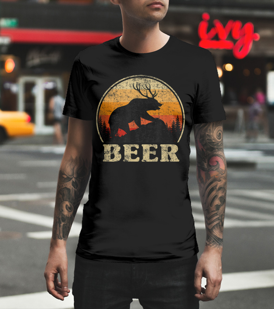 Bear Deer Beer Retro Vintage Silhouette Forest Sunset T-Shirt