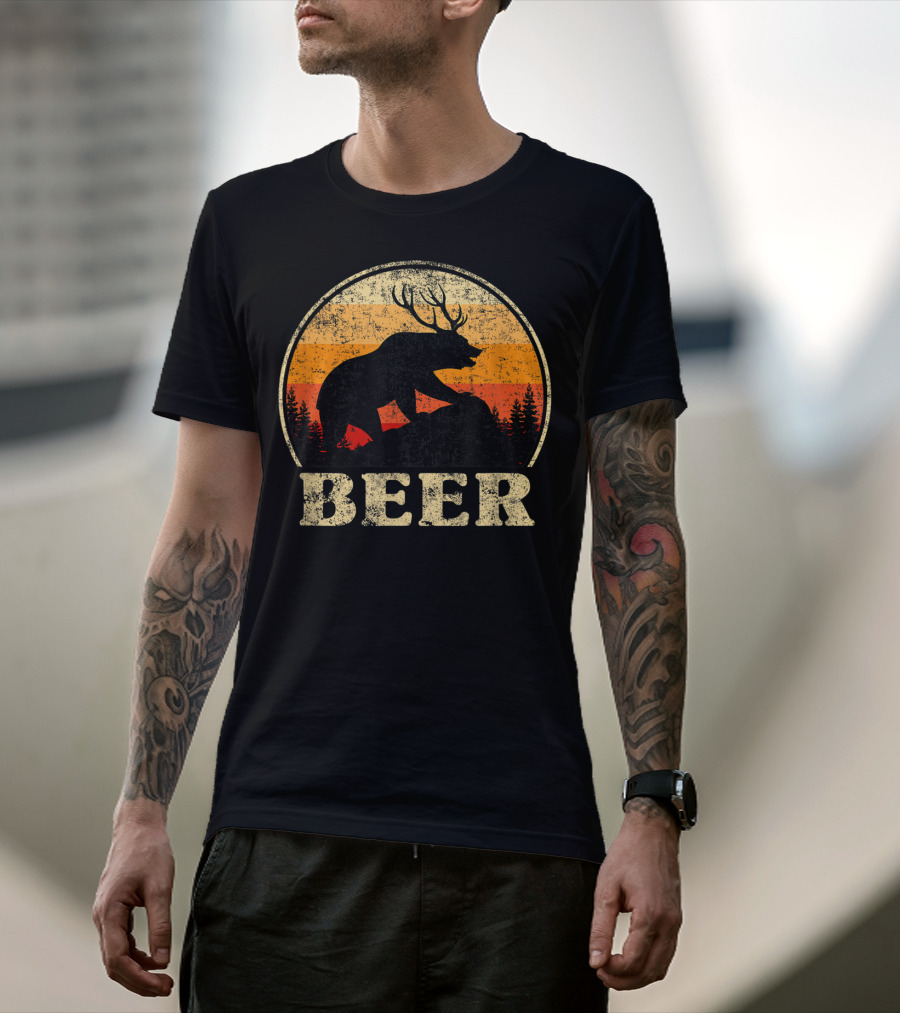 Bear Deer Beer Retro Vintage Silhouette Forest Sunset T-Shirt