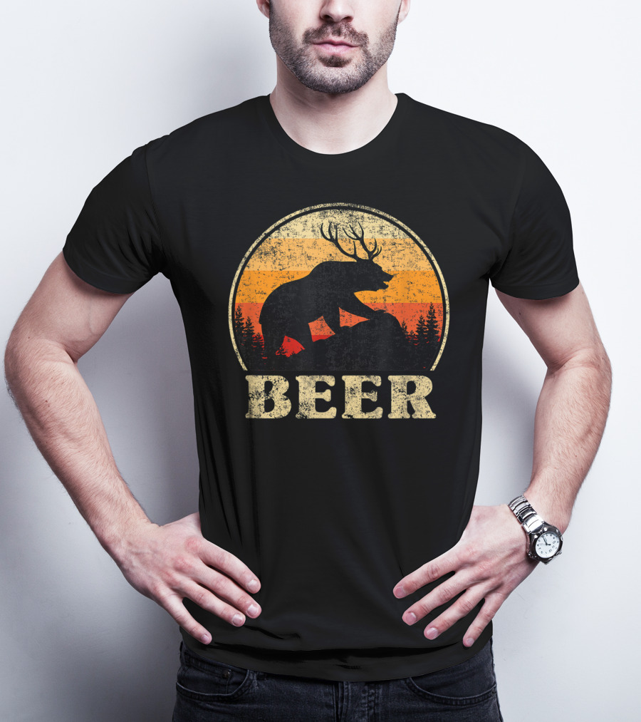 Bear Deer Beer Retro Vintage Silhouette Forest Sunset T-Shirt