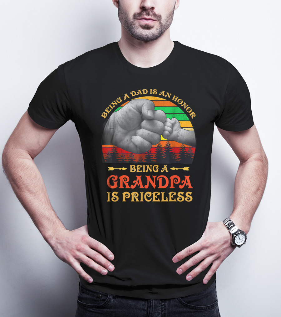 Being A Dad Is An Honor Being A Grandpa Is Priceless Fist Bump Retro Sunset T-Shirt