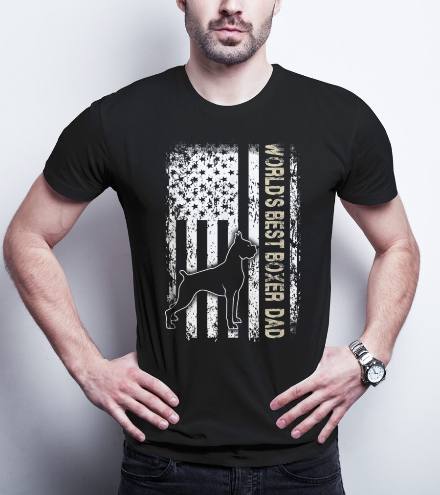 World's Best Boxer Dad Dog Lovers American Flag T-Shirt