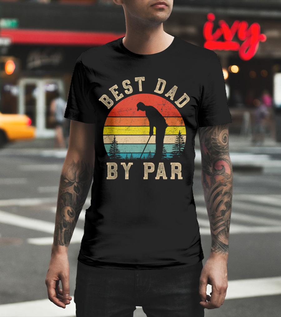 Best Dad By Par Daddy Golf Lover Golfer Retro Vintage Sunset T-Shirt