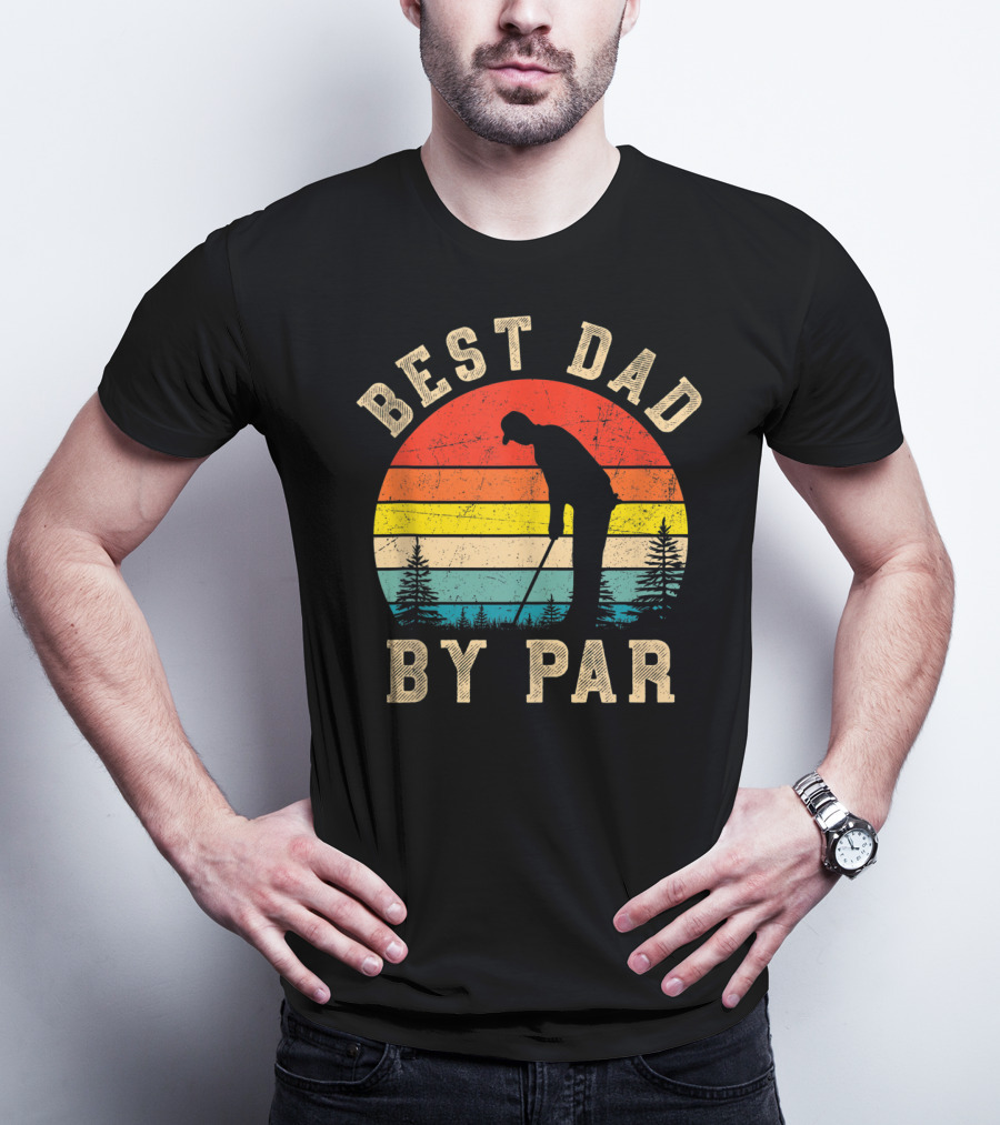 Best Dad By Par Daddy Golf Lover Golfer Retro Vintage Sunset T-Shirt
